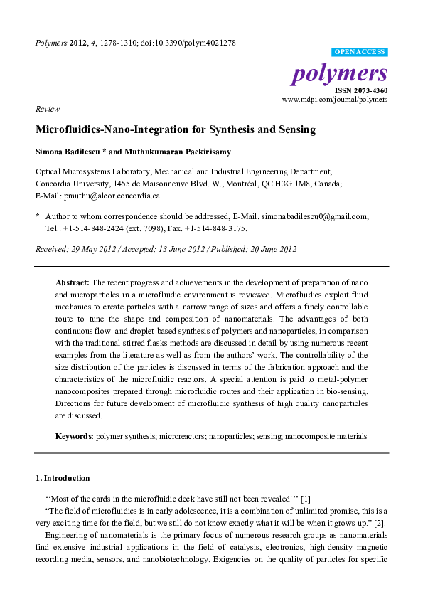 (PDF) Microfluidics-Nano-Integration for Synthesis and Sensing