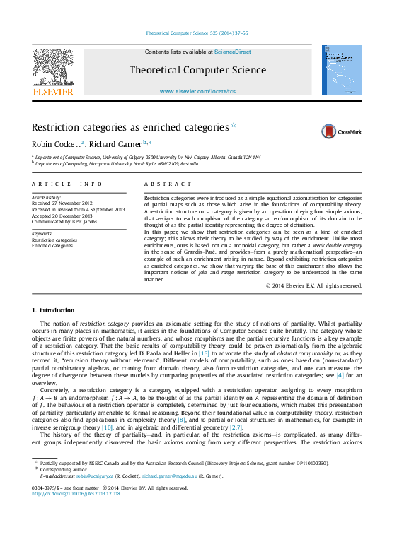 (PDF) Restriction categories as enriched categories | Robin Cockett ...