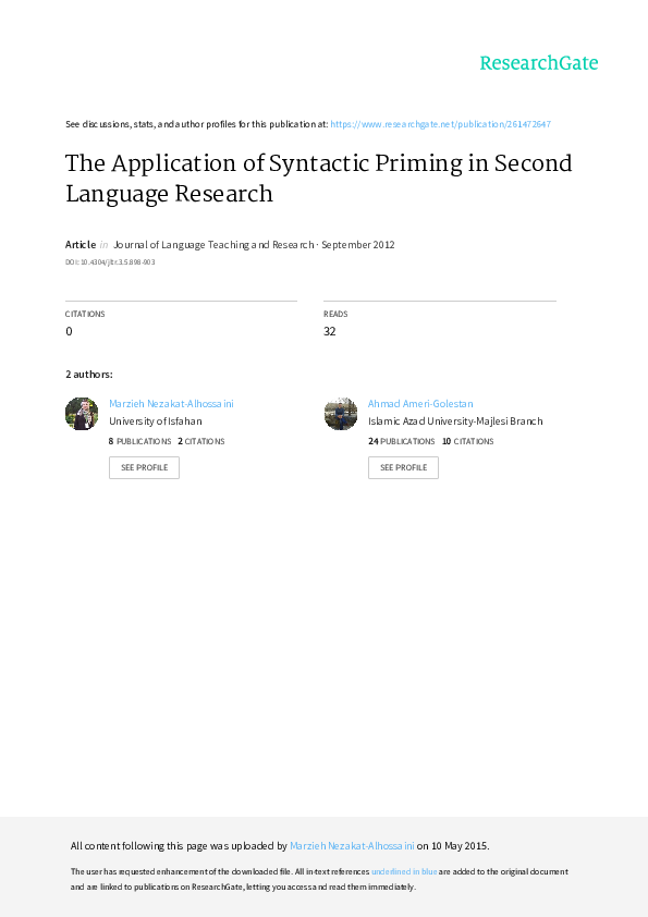 (PDF) The Application of Syntactic Priming in Second Language Research
