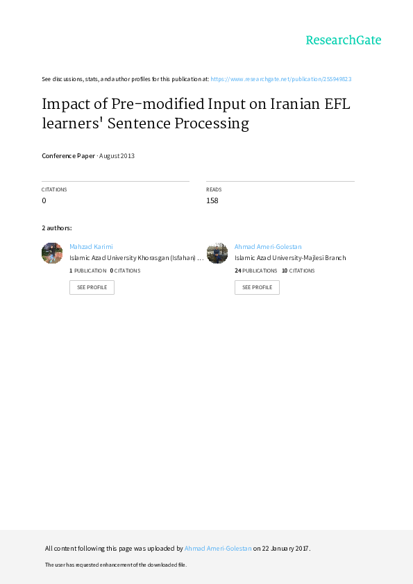 (PDF) Impact of Pre-modified Input on Iranian EFL learners' Sentence Processing | Ahmad ...