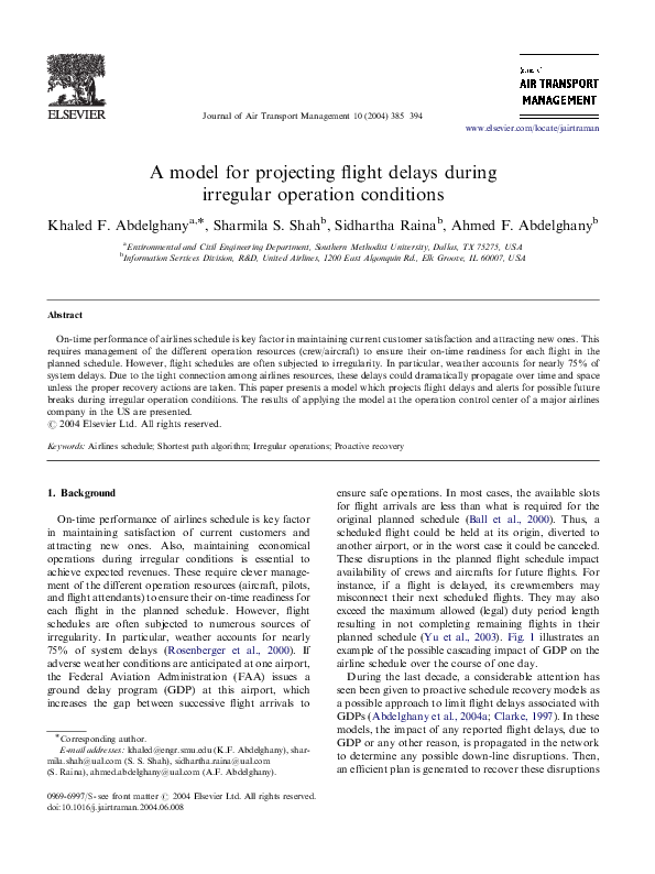 (PDF) A model for projecting flight delays during irregular operation ...