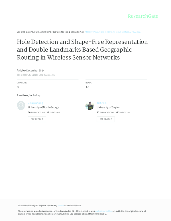 Pdf Hole Detection And Shape Free Representation And Double Landmarks Based Geographic Routing