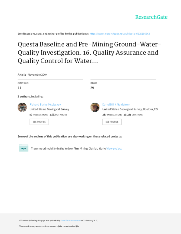 (PDF) Questa Baseline and Pre-Mining Ground-Water Quality Investigation ...