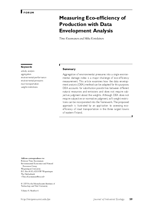 (PDF) Measuring Eco-Efficiency of Production With Data Envelopment Analysis