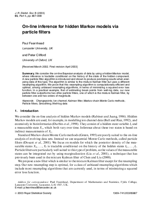Pdf On Line Inference For Hidden Markov Models Via Particle Filters