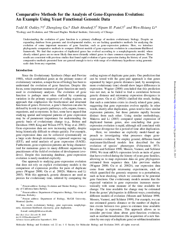 (PDF) Comparative Methods for the Analysis of Gene-Expression Evolution: An Example Using Yeast ...