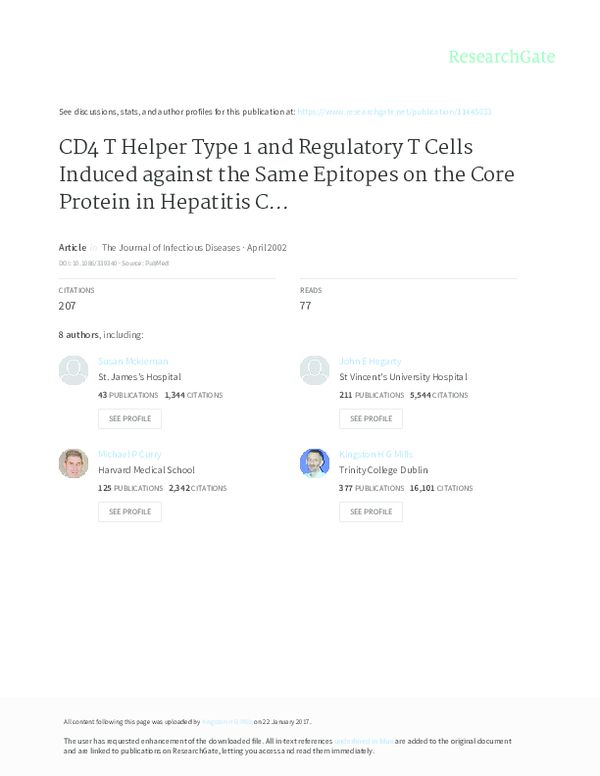 (PDF) CD4 T Helper Type 1 and Regulatory T Cells Induced against the ...