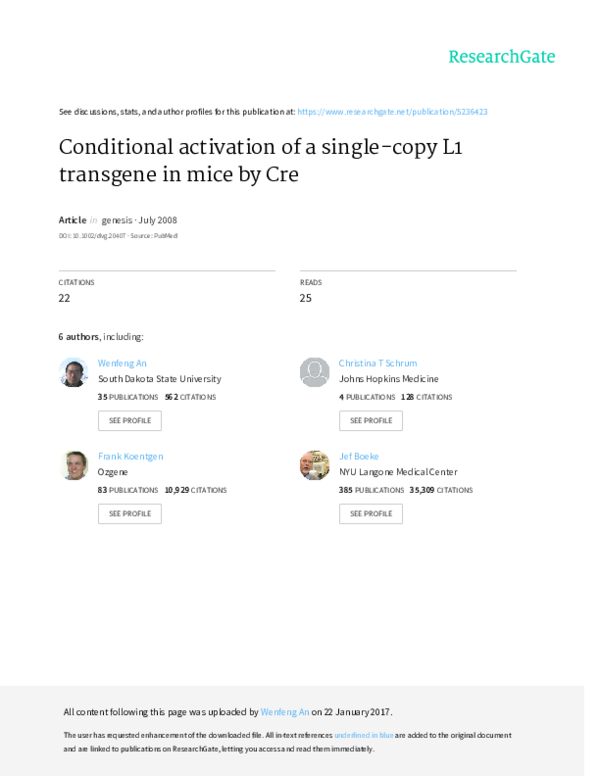 (PDF) Conditional Activation of a Single-Copy L1 Transgene In Mice by Cre