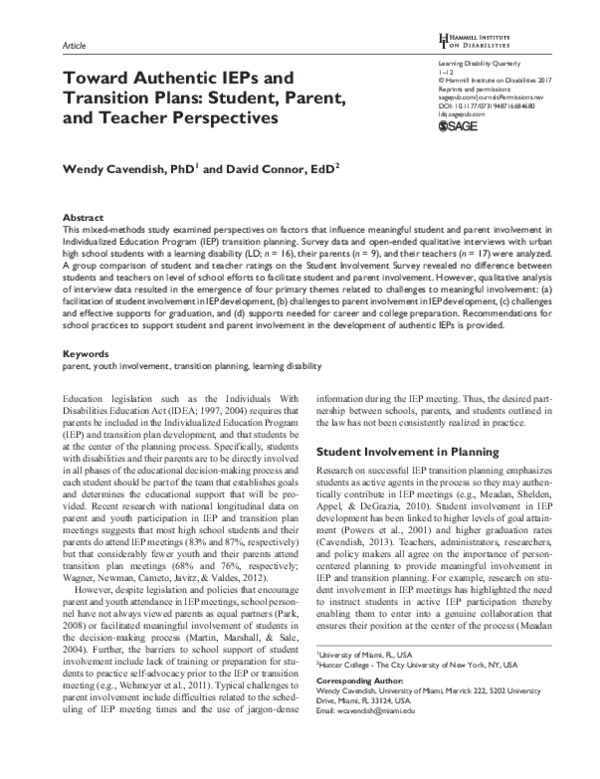 (PDF) Toward Authentic IEPs and Transition Plans: Student, Parent, and ...