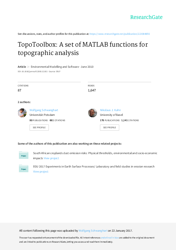(PDF) TopoToolbox: A Set of Matlab Functions for Topographic Analysis