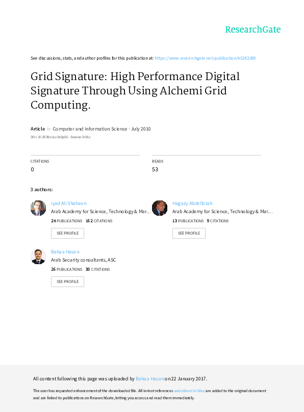 (PDF) Grid Signature: High Performance Digital Signature Through Using Alchemi Grid Computing