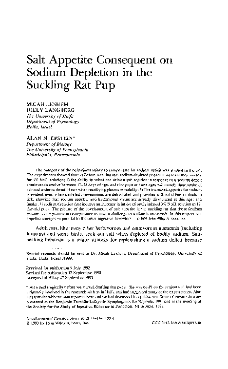 (PDF) Salt Appetite Consequent on Sodium Depletion In the Suckling Rat Pup
