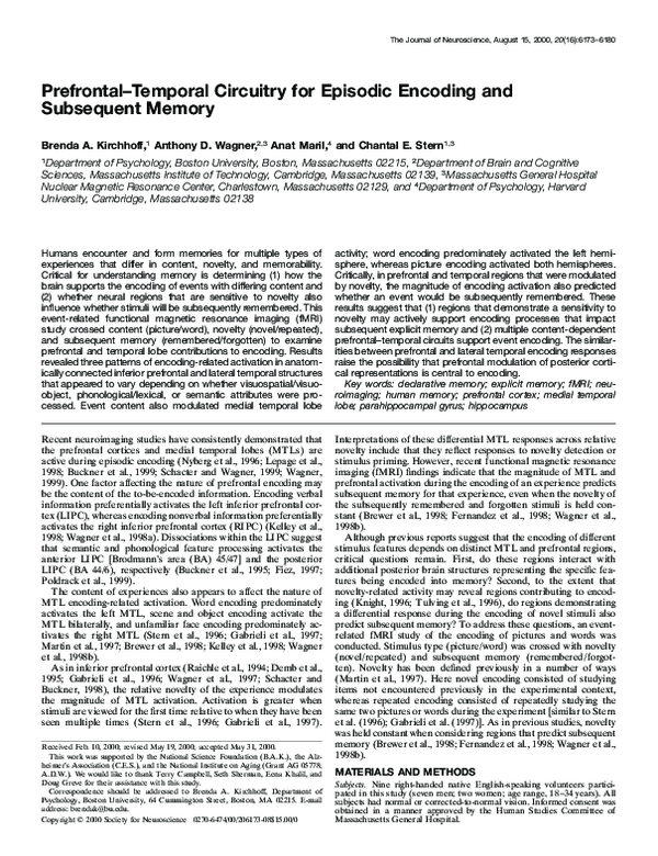 (PDF) Prefrontal-Temporal Circuitry for Episodic Encoding and Subsequent Memory