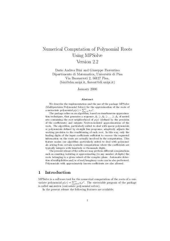 (PDF) Numerical Computation of Polynomial Roots Using MPSolve Version 2.2
