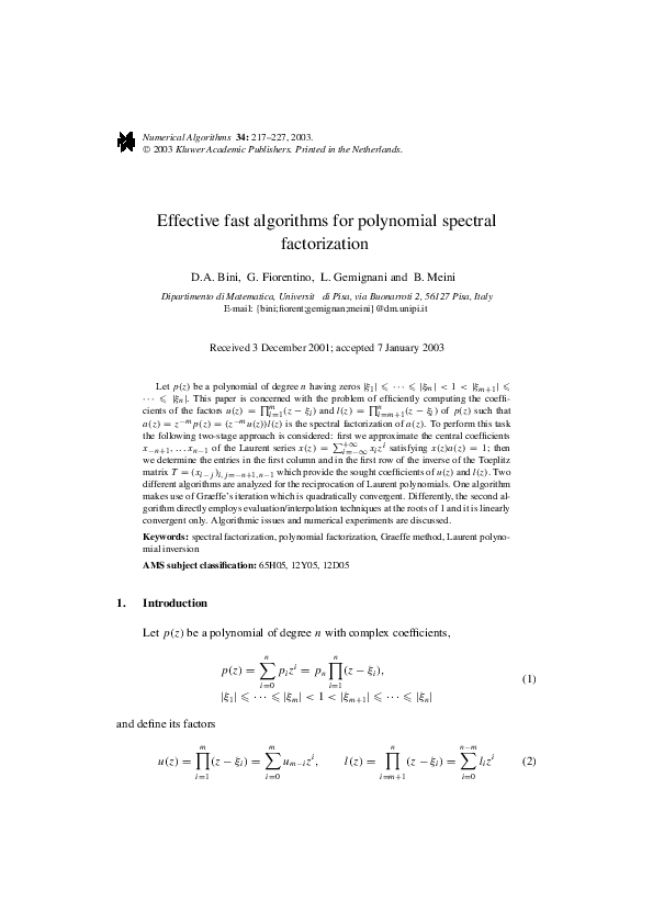 Pdf Effective Fast Algorithms For Polynomial Spectral Factorization