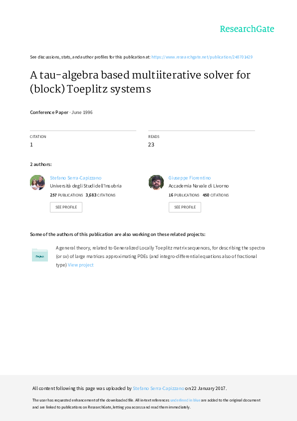(PDF) A tau-algebra based multiiterative solver for (block) Toeplitz systems