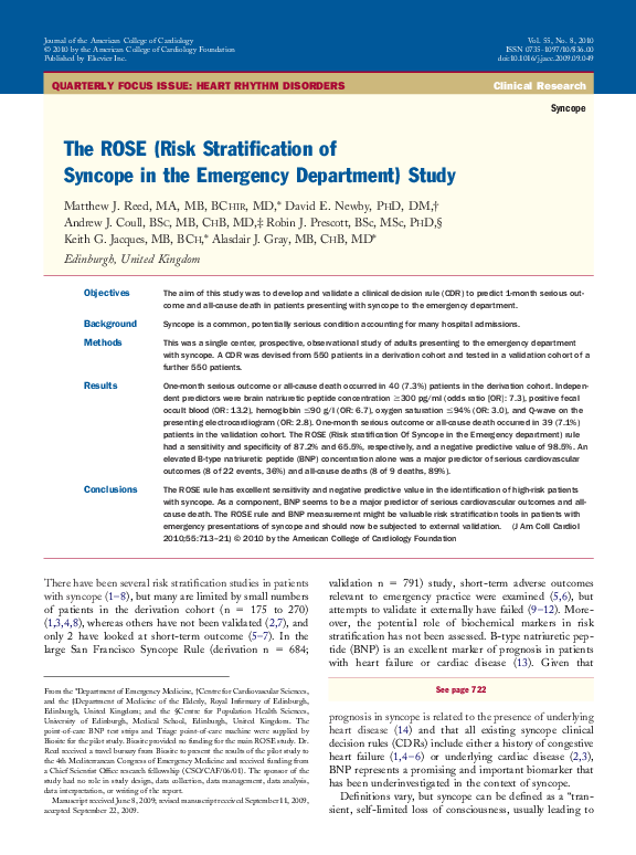 (PDF) The ROSE (Risk Stratification of Syncope in the Emergency ...