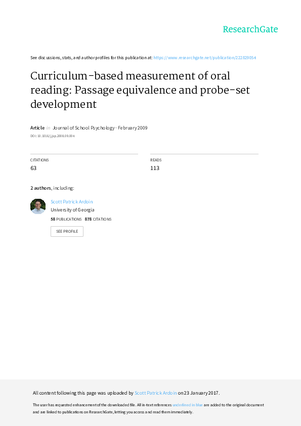 Pdf Curriculum Based Measurement Of Oral Reading Passage Equivalence