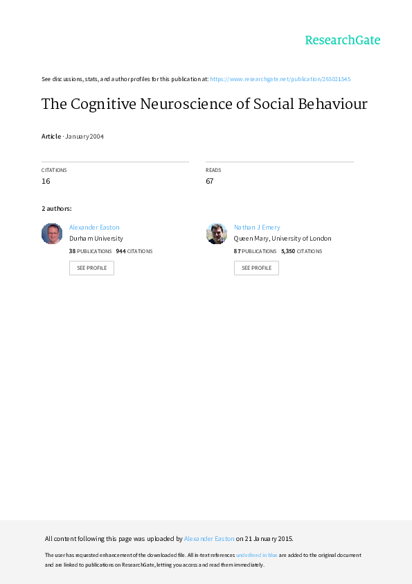 (PDF) The Cognitive Neuroscience of Social Behaviour