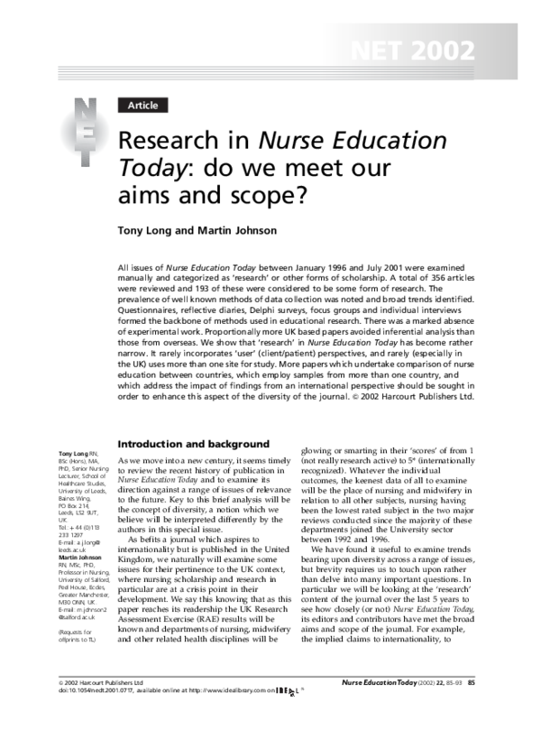 (PDF) Research In Nurse Education Today: Do We Meet Our Aims and Scope?