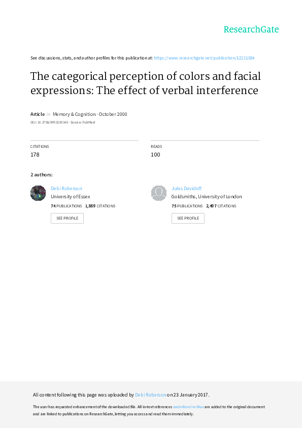 (PDF) The Categorical Perception of Colors and Facial Expressions: The ...