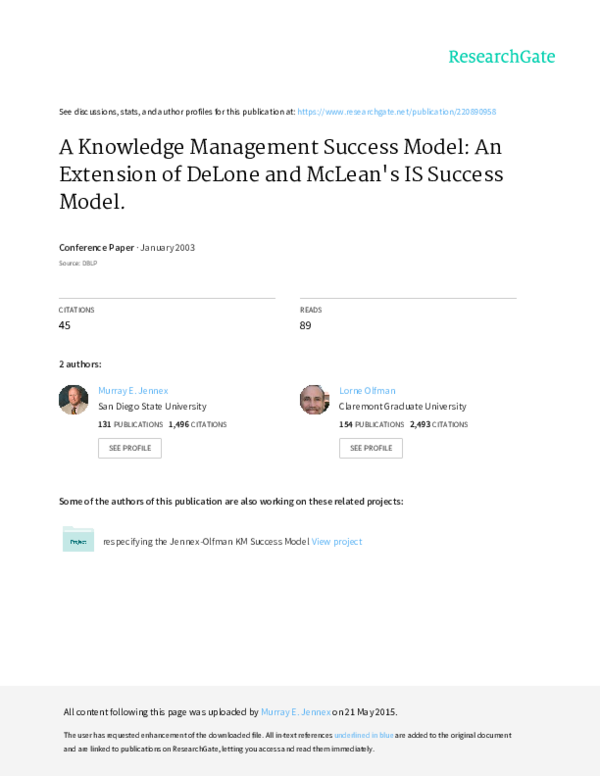(PDF) A knowledge management success model: an extension of DeLone and McLean's IS success model
