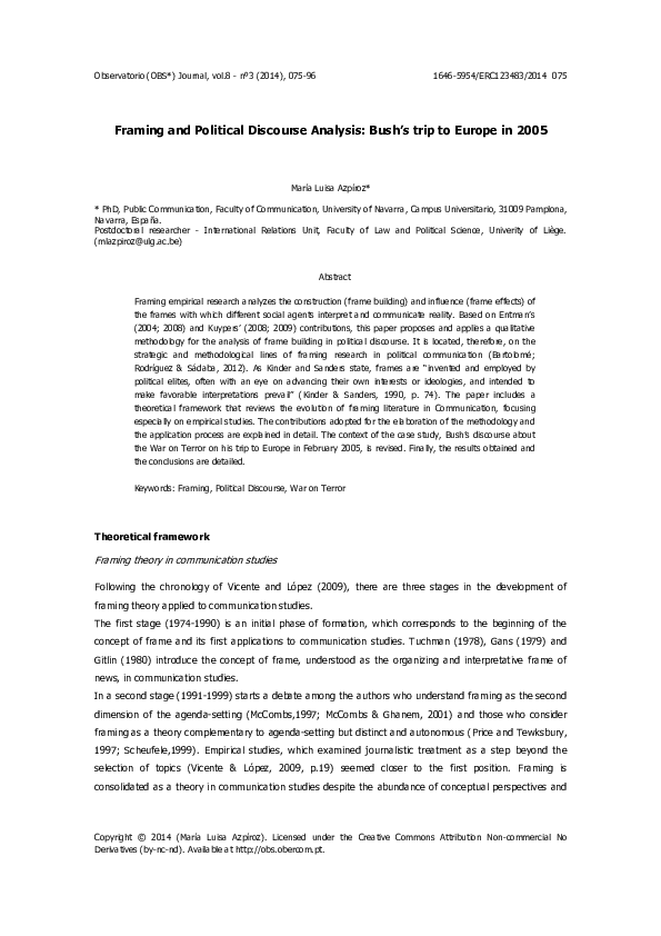 (PDF) Framing and Political Discourse Analysis: Bush's trip to Europe ...