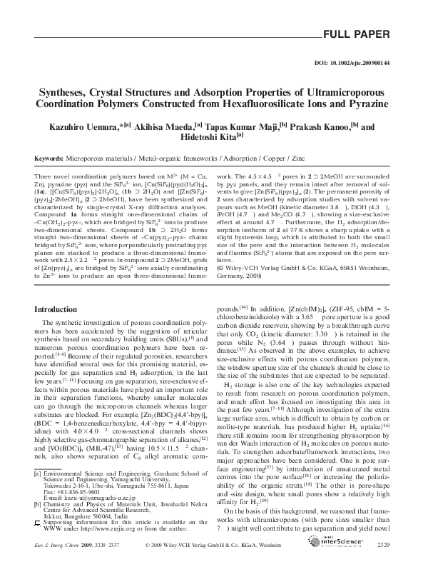 (PDF) Syntheses, Crystal Structures and Adsorption Properties of Ultramicroporous Coordination ...