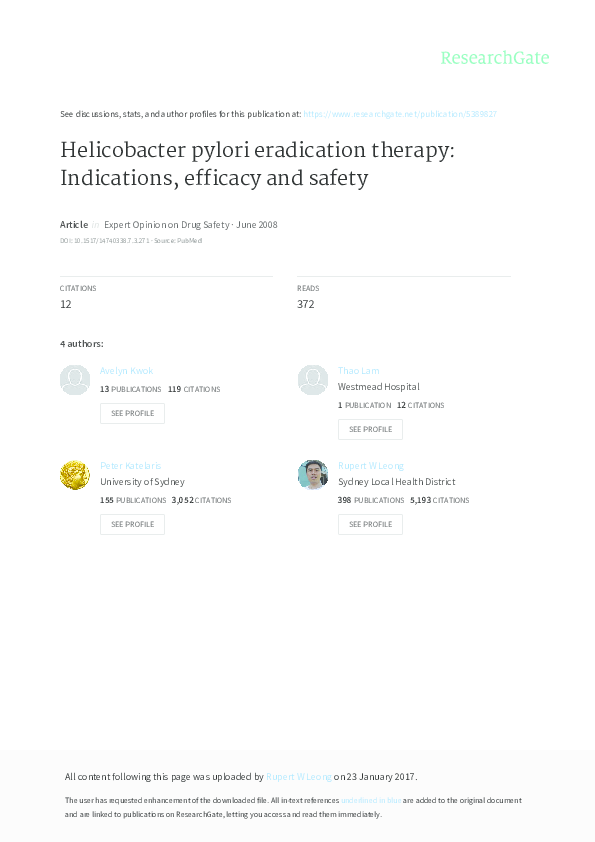 (PDF) Helicobacter Pylori Eradication Therapy: Indications, Efficacy and Safety