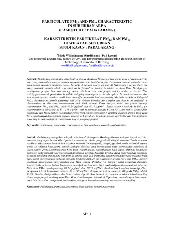 (PDF) Particulate PM2.5 and PM10 Characteristic in Sub Urban Area (Case ...
