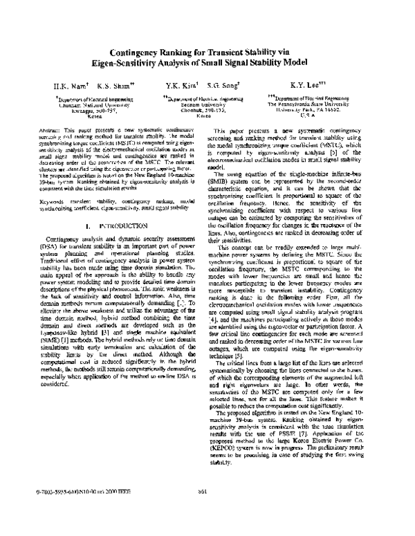(PDF) Contingency Ranking for Transient Stability via Eigen-Sensitivity Analysis of Small Signal ...