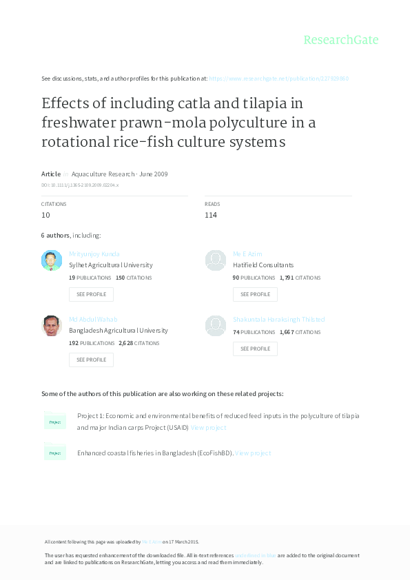 (PDF) Effects of Including Catla and Tilapia In a Freshwater Prawn mola ...