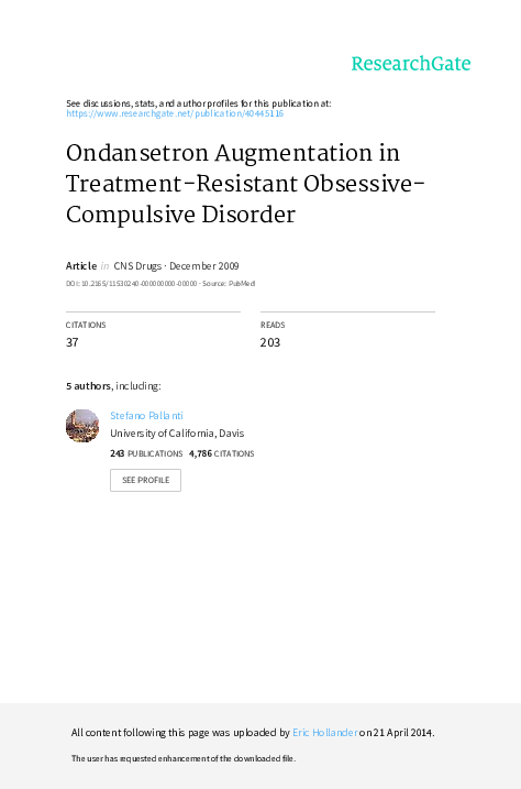 (PDF) Ondansetron Augmentation In Treatment-Resistant Obsessive-Compulsive Disorder: A ...