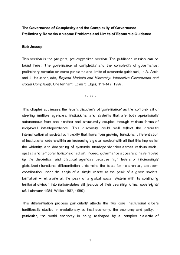 (PDF) The governance of complexity and the complexity of governance ...