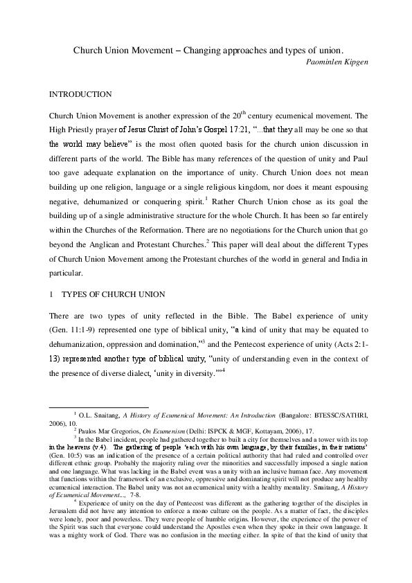 (PDF) Church Union Movement – Changing approaches and types of union