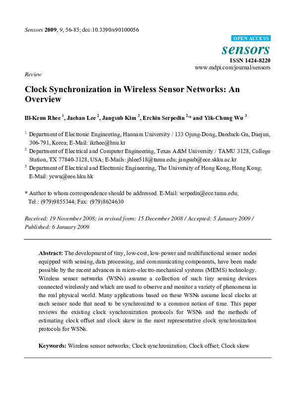 Pdf Clock Synchronization In Wireless Sensor Networks An Overview Erchin Serpedin