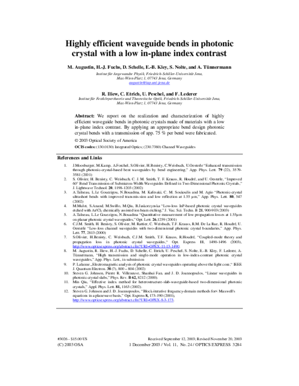 (PDF) Highly efficient waveguide bends in photonic crystal with a low in-plane index contrast