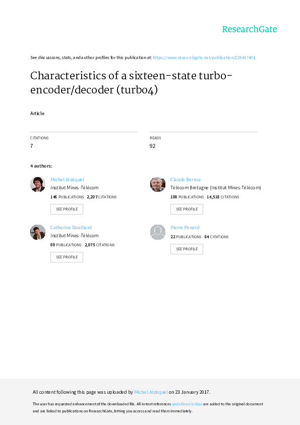 (PDF) Characteristics of a sixteen-state turbo-encoder/decoder (turbo4) | Michel Jézéquel ...