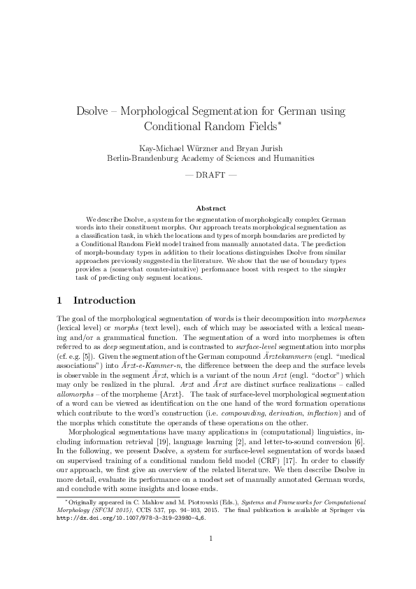 (PDF) Dsolve—Morphological Segmentation for German Using Conditional Random Fields