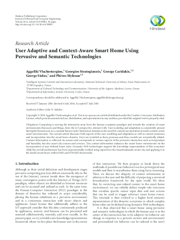Pdf User Adaptive And Context Aware Smart Home Using Pervasive And Semantic Technologies