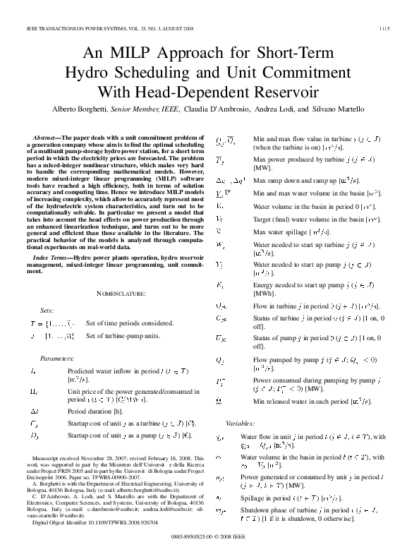 (PDF) An MILP Approach for Short-Term Hydro Scheduling and Unit Commitment With Head-Dependent ...