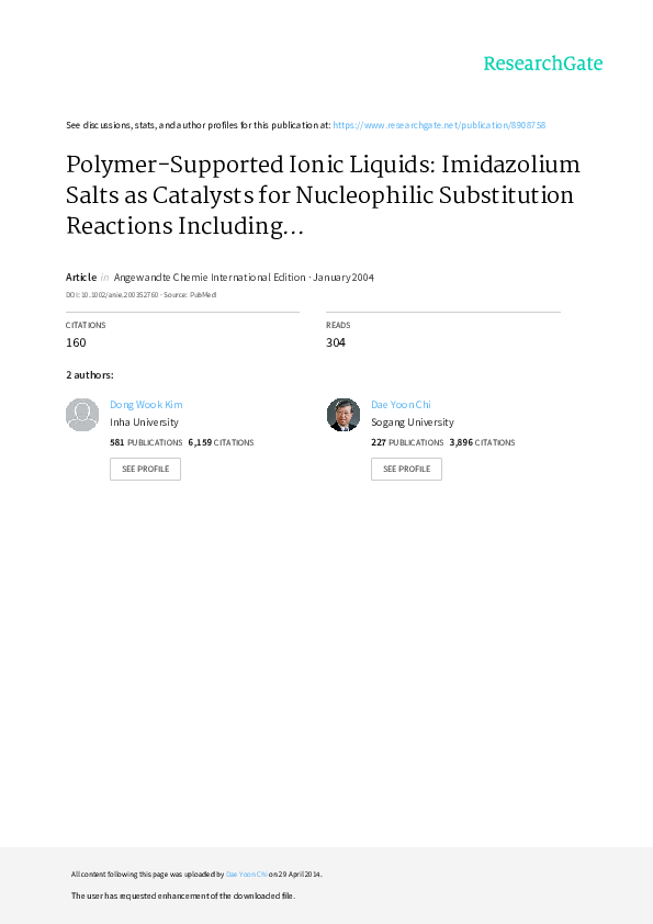 (PDF) Polymer-Supported Ionic Liquids: Imidazolium Salts As Catalysts ...