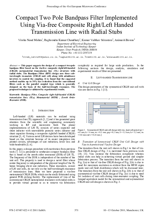 (PDF) Compact Two Pole Bandpass Filter Implemented Using Via-free Composite Right/Left Handed ...
