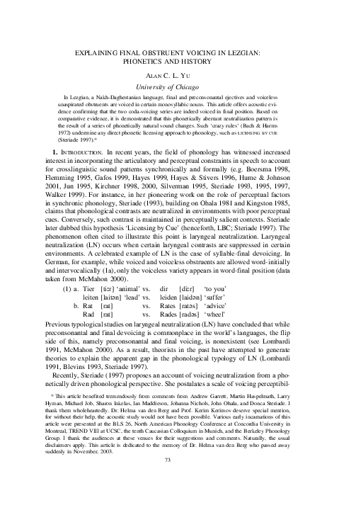 (PDF) Explaining Final Obstruent Voicing In Lezgian: Phonetics and History