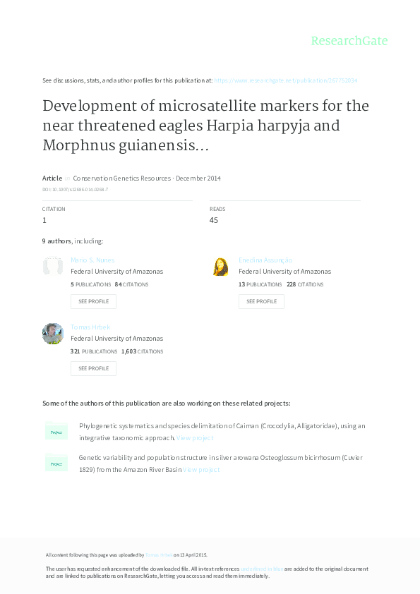 (PDF) Development of microsatellite markers for the near threatened eagles Harpia harpyja and ...