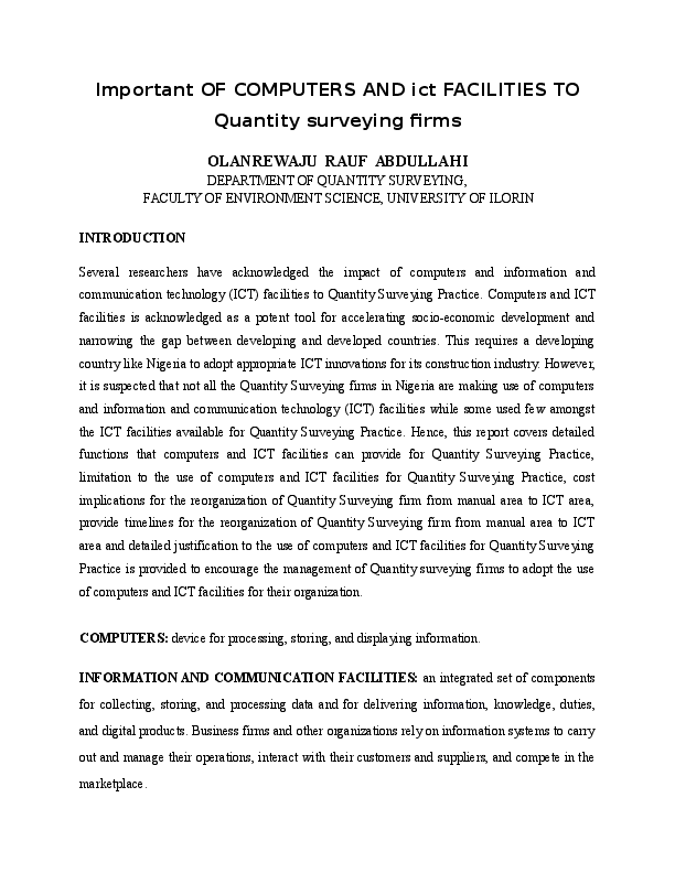 (DOC) Important OF COMPUTERS AND ict FACILITIES TO Quantity surveying firms