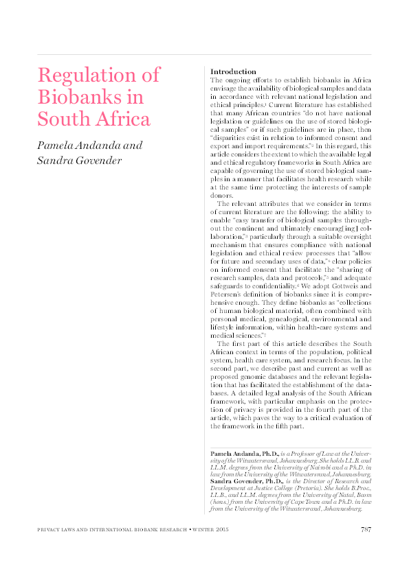 (PDF) Regulation of Biobanks in South Africa