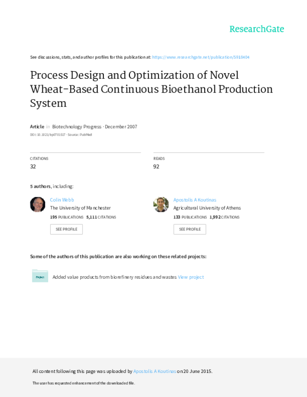 (PDF) Process Design and Optimization of Novel Wheat-Based Continuous ...