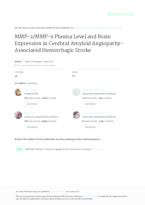 (PDF) MMP-2/MMP-9 Plasma Level and Brain Expression in Cerebral Amyloid ...
