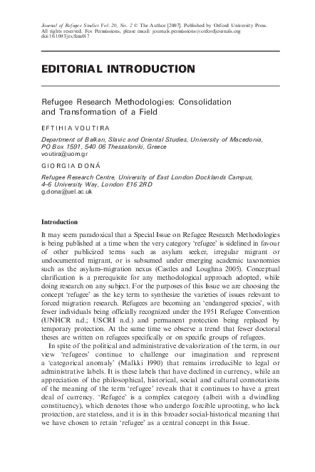 (PDF) Refugee research Methodologies: Consolidation and Transformation ...